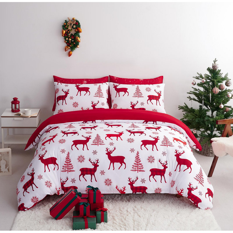 Nayoroom Christmas Duvet Cover Merry Christmas Elk Snowflake Tree Red Bedding Duvet Covers With Zipper Closure For All Seasons Wayfair